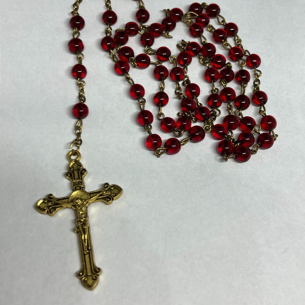 Vintage Rosary Immaculate Heart Of Mary Red Glass Bea… - Gem